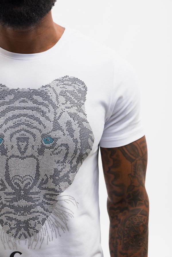 Men’s White Rhinestone Tiger Graphic T-Shirt | Calvano Blue-Eye Tiger ...